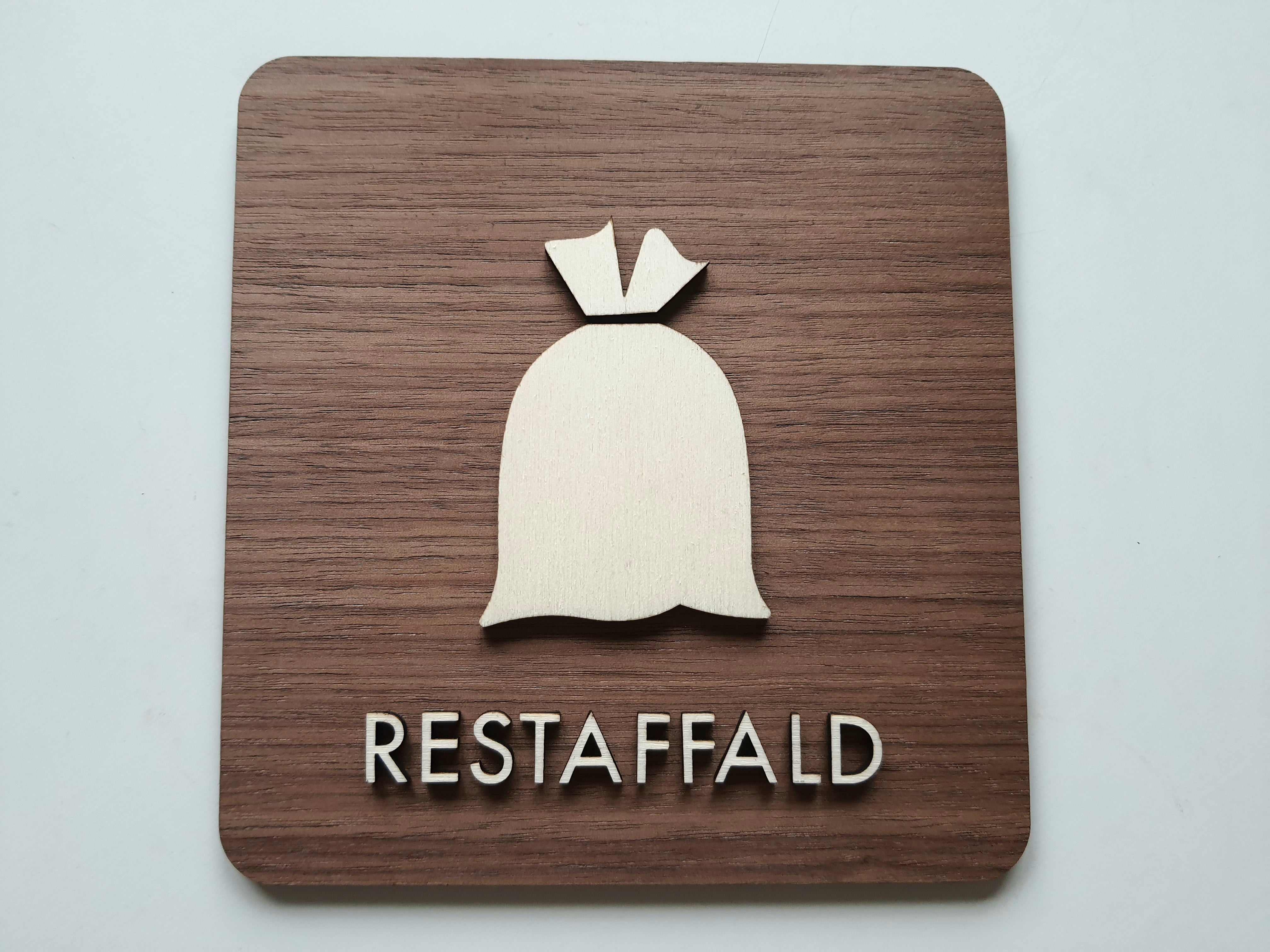 Restaffald skilt - Dansk affaldsortering I valnød- og poppeltræ – Kunstli